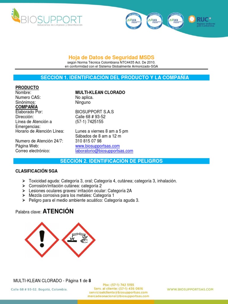 Hoja de Seguridad: Multi-Klean Clorado | PDF | Agua | Naturaleza