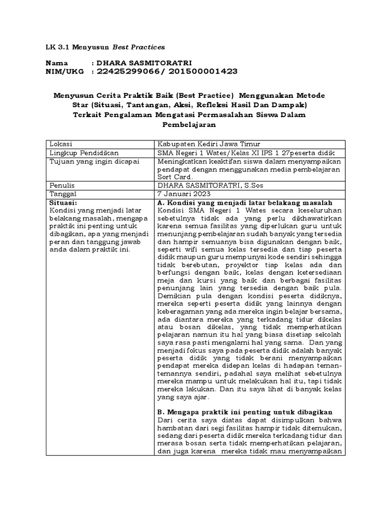LK 3.1 Menyusun Best Practices - Dhara Sasmitoratri | PDF | Karier & Perkembangan