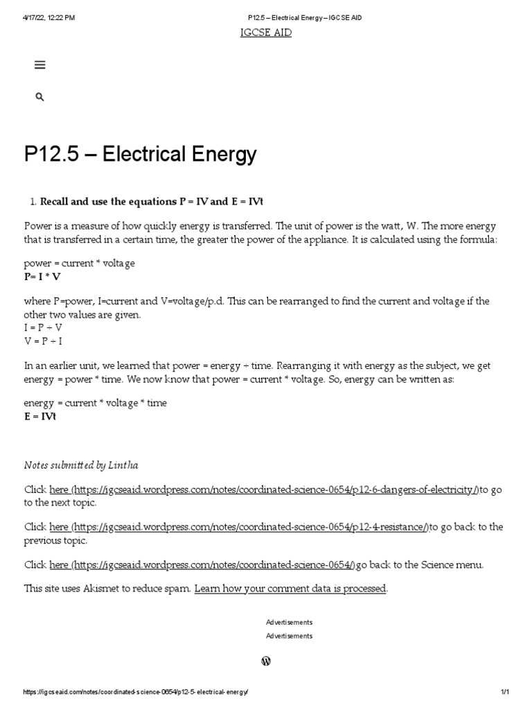 P12.5 - Electrical Energy - IGCSE AID | PDF