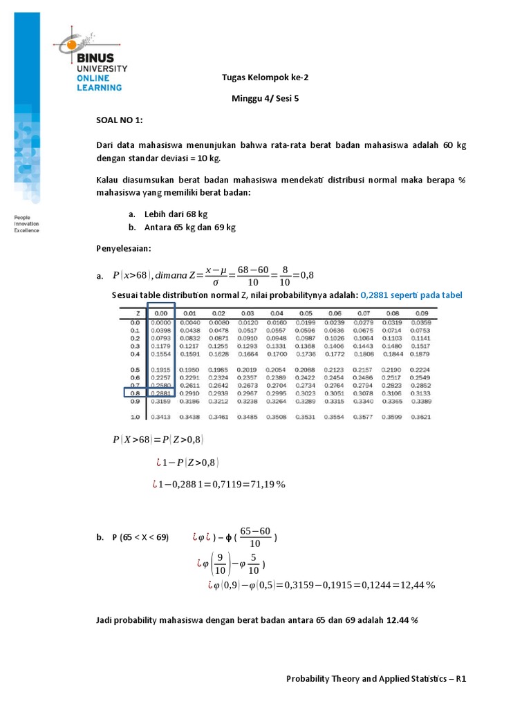 Tugas Kelompok ke-2 Minggu 4/ Sesi 5 Soal No 1:: P x>68 ,dimana Z= x−µ σ | PDF