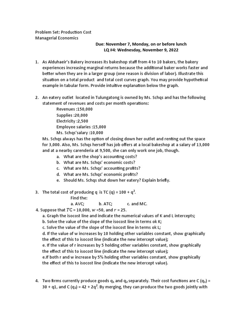Cost Problem Set | PDF | Business Economics | Economies