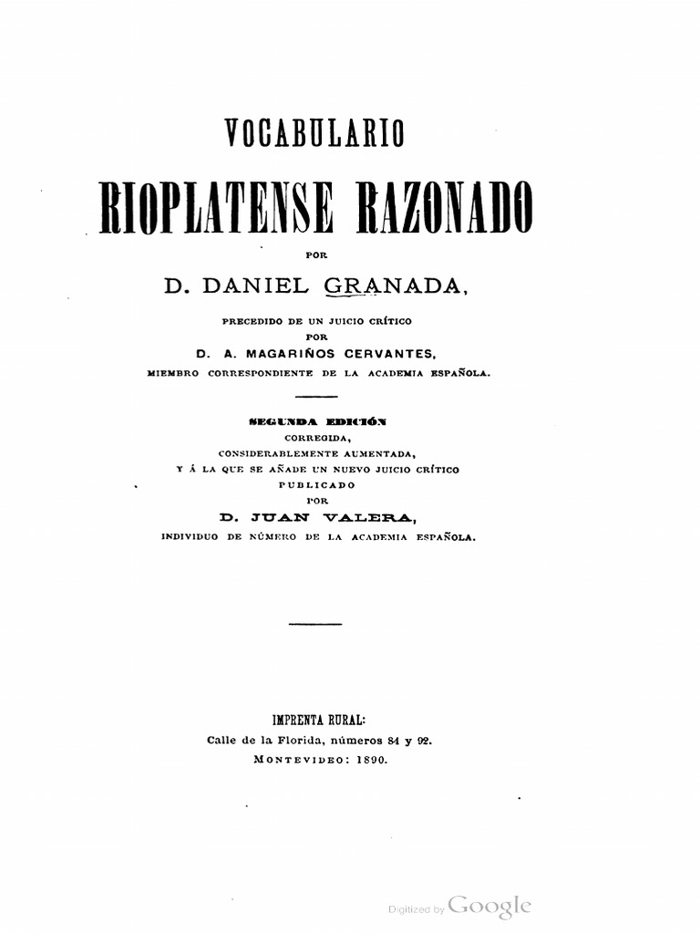 VOCABULARIO RIOPLATENSE RAZONADO D Daniel Granada 1890 | PDF ...
