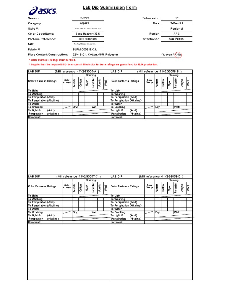 AHA Lab Dip Submission Form (AW20) | PDF | Wool | Polyester