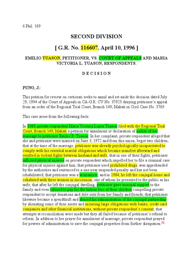Marriage Nullity Case: Tuason v. Tuason | PDF | Annulment | Judgment (Law)