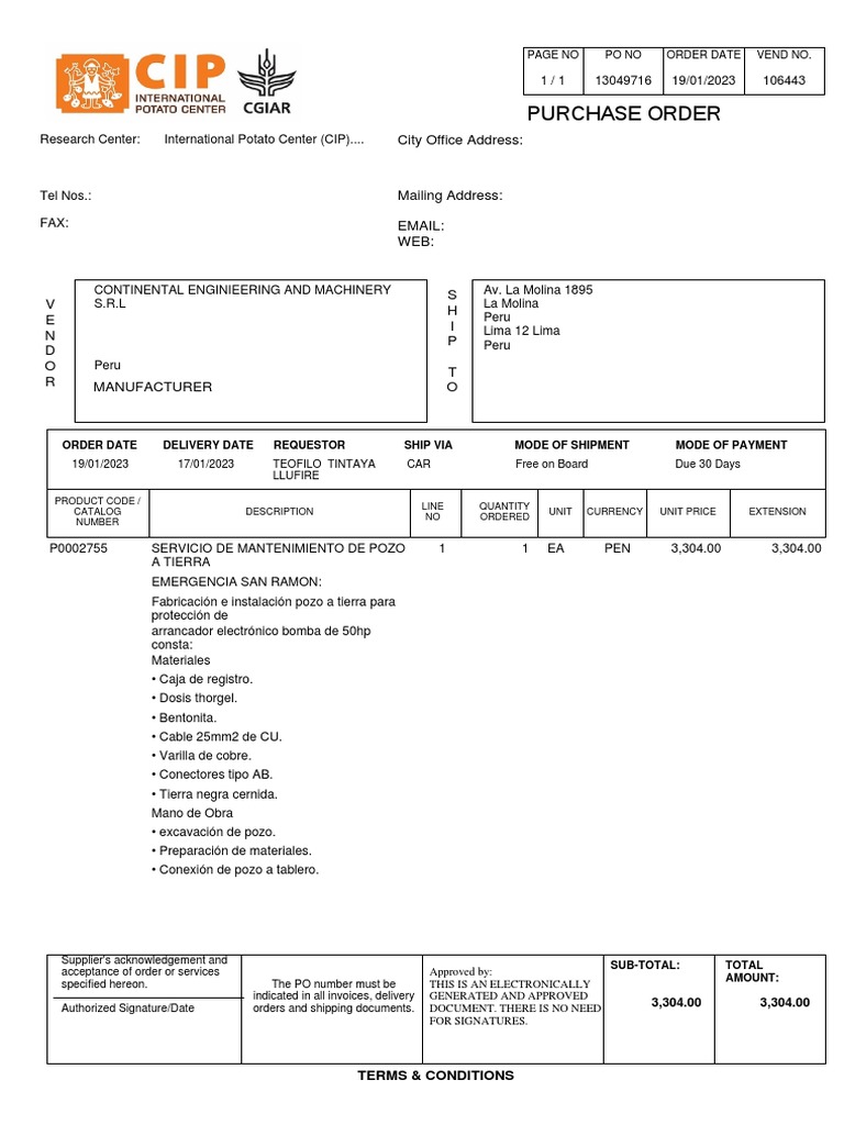 Po # 13049716 Continental Eng | PDF | Service Industries