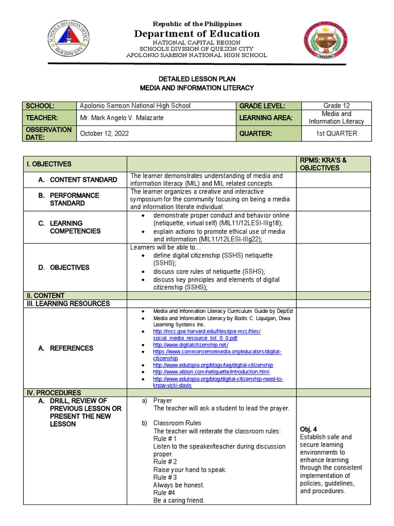 Lesson - Plan Mil Cot 1 | Download Free PDF | Learning | Information ...