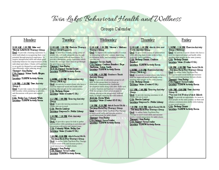 TLBHW Groups Calendar | PDF | Psychotherapy | Mental Health