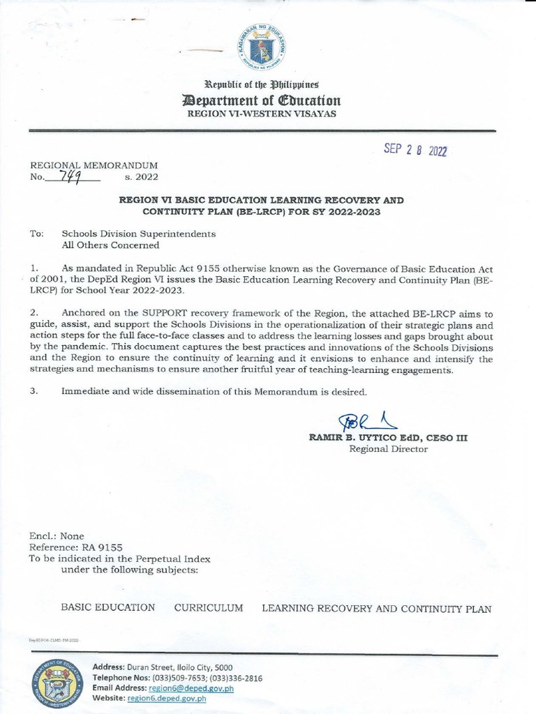 RM No. 749 S. 2022 Region VI Basic Education Learning Recovery and Continuity Plan BE LRCP For ...