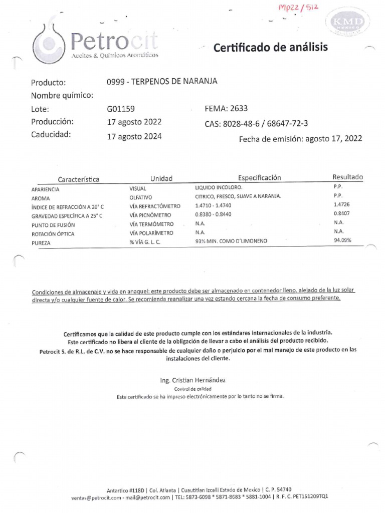 T 0246 Terpenos De Naranja G01159 Pdf