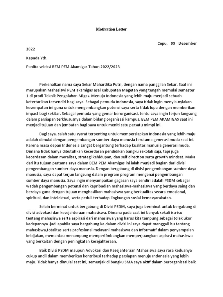 Surat Motivasi untuk BEM PEM Akamigas | PDF | Bisnis
