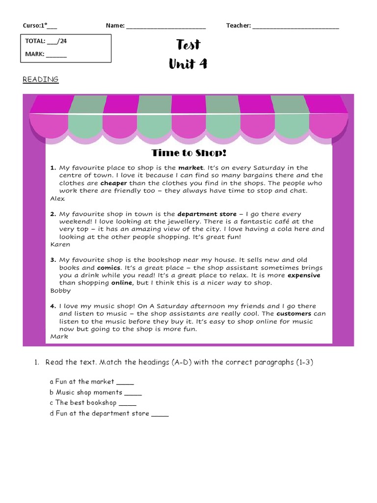 1° Test Unit 4 (Gold Experience A2) | PDF