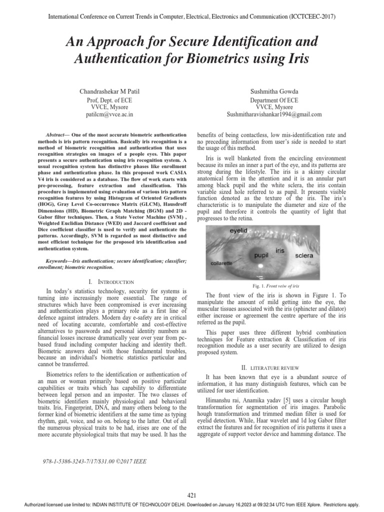 An Approach For Secure Identification and Authentication For Biometrics Using Iris | PDF
