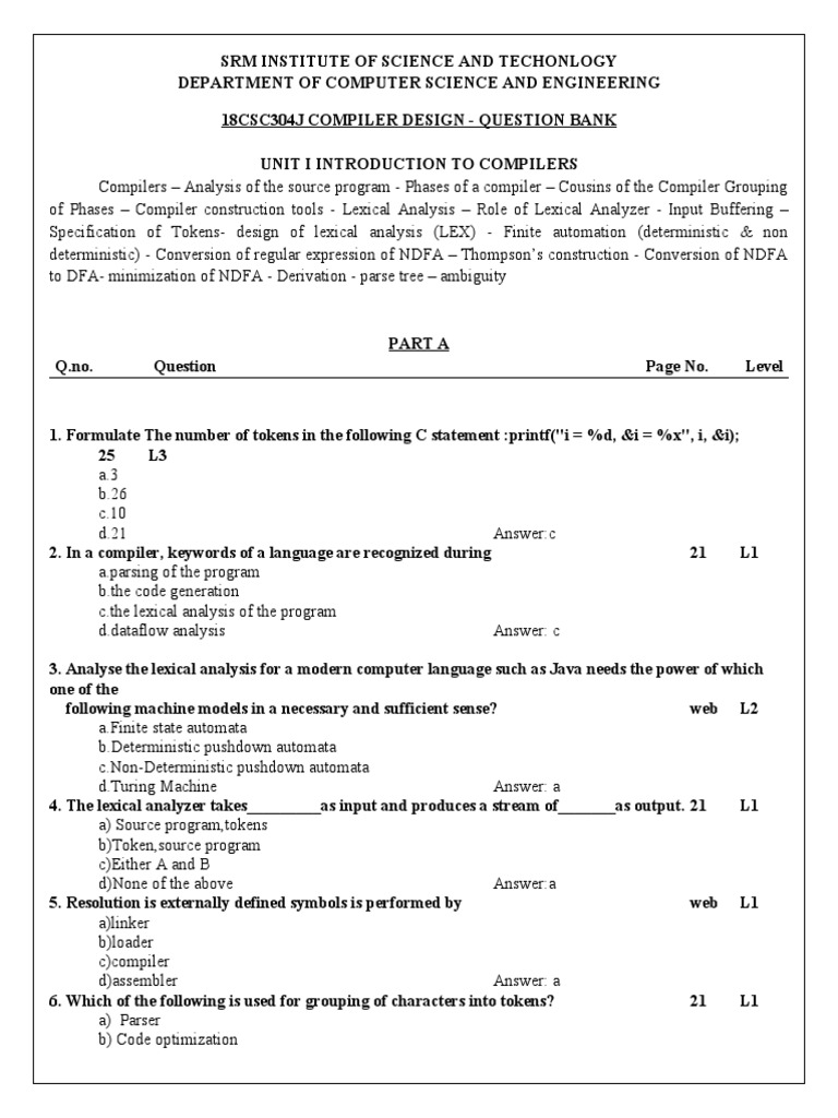 Compiler Design QB - UNIT1 | PDF | Compiler | Parsing
