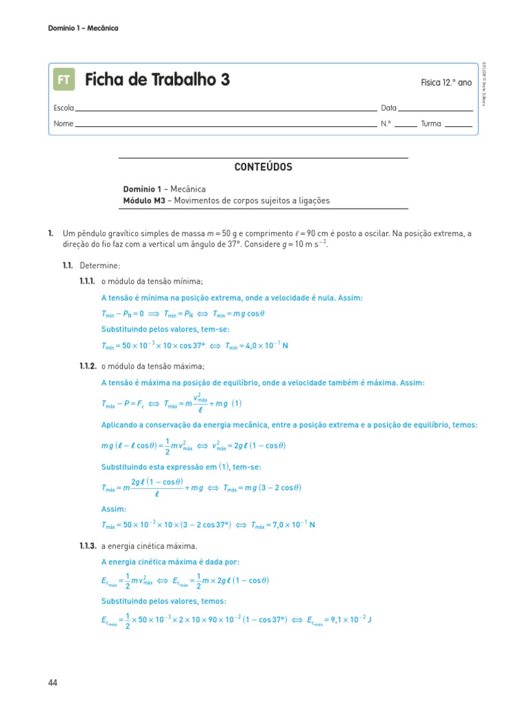 Ef12 DP Ficha Trab m3 Resolucao | PDF | Pêndulo | Massa