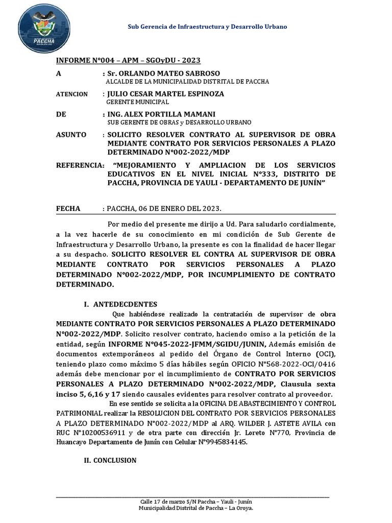 Informe #004 2023 Solicitud para Resolver Contrato | PDF