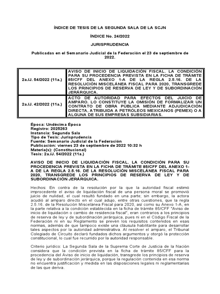 Índice 24-2022 Segunda Sala SCJN | PDF | Regulación | Caso de ley