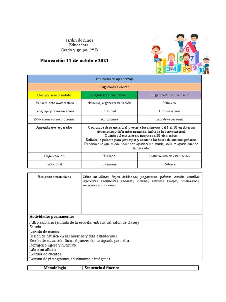 Planeacion Preescolar 11 de Octubre 21 | PDF | Educación de la primera ...