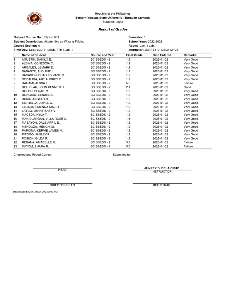 Filipino 001-A For AY 2022-2023 SEM 1 Grade Sheet | PDF