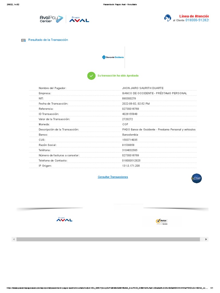 Pasarela de Pagos Aval - Resultado | PDF | Bancario | Servicios financieros