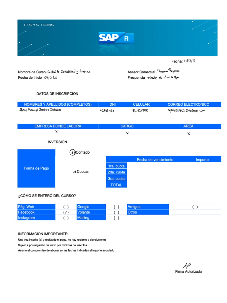 Ficha de Inscripcion Sap Fi | PDF