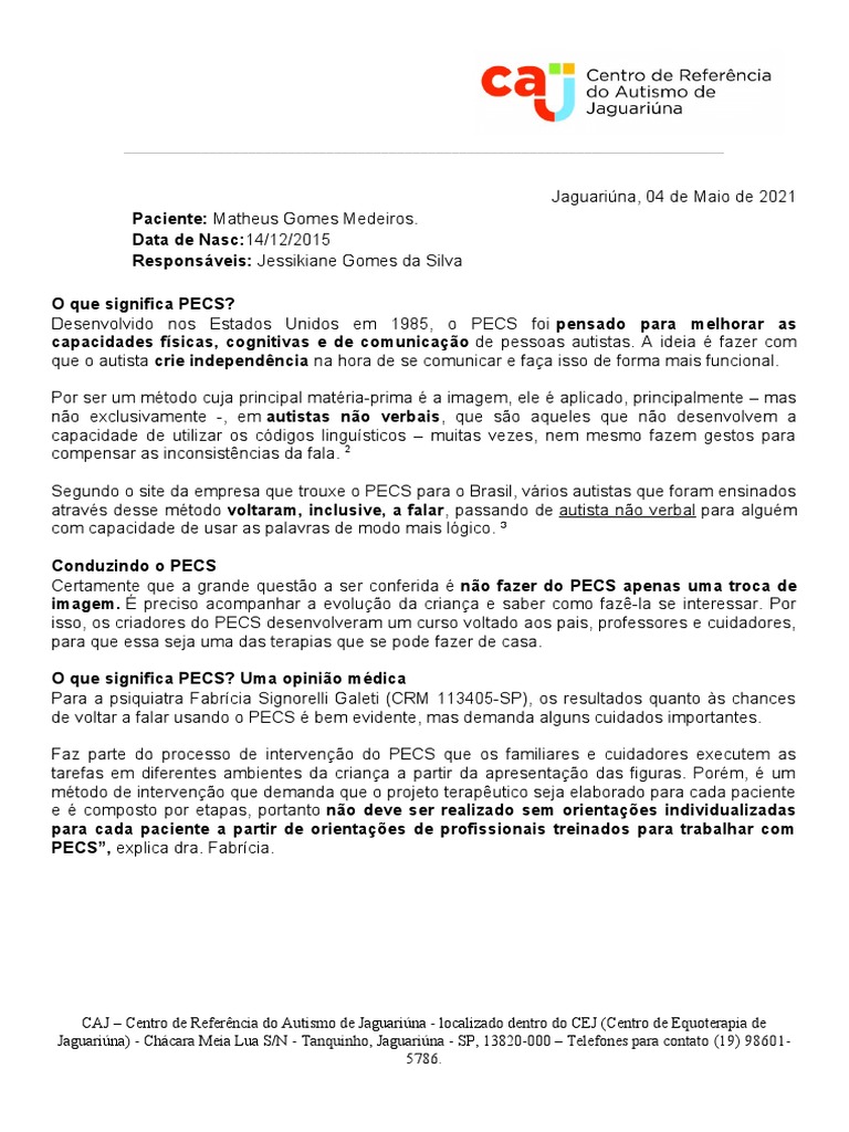Protocolo Matheus Gomes Medeiros PECs | PDF | Autismo | Comunicação