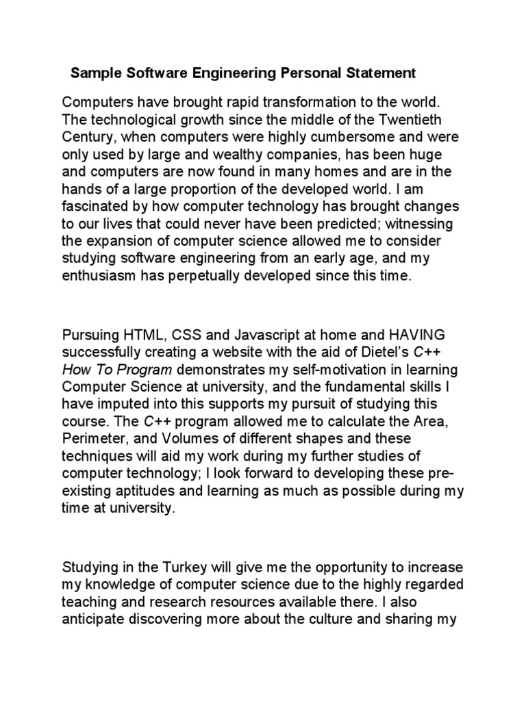 Software Engineering Personal Statement Sample | PDF | University | Science Software Engineering Personal Statement Sample | PDF | University | Science