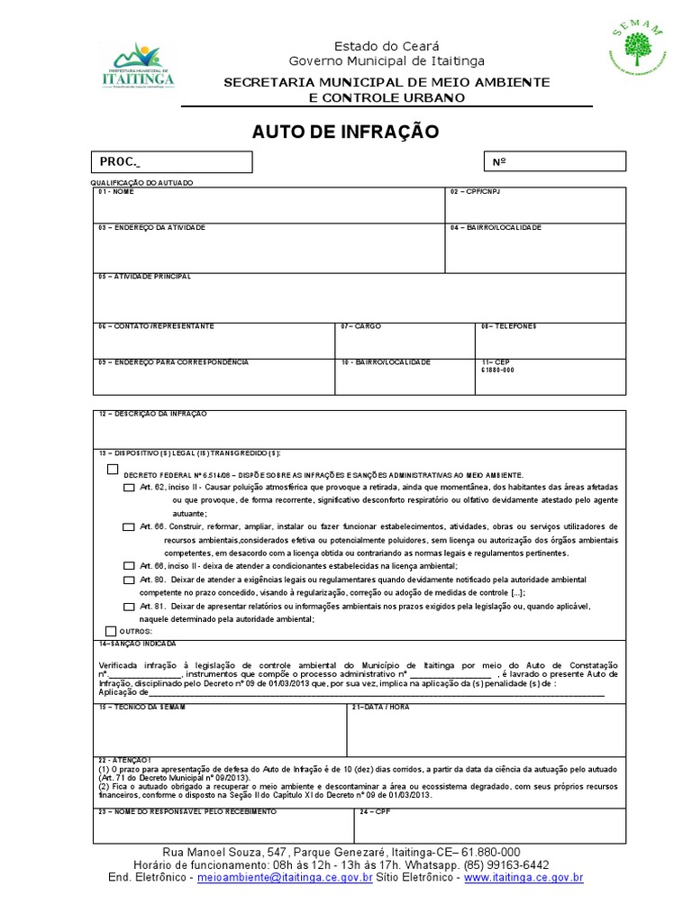 01-AUTO DE INFRAÇÃO - Modelo | PDF | Justiça | Crime e Violência