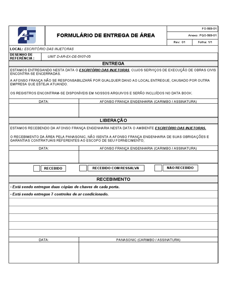 Fo-569-01-R1 Formulário de Entrega de Área | PDF