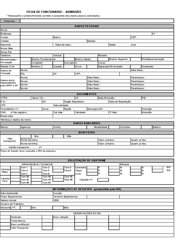 Ficha de Cadastro de Funcionário para Admissão | PDF