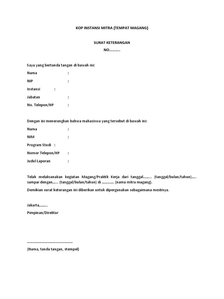 Template Surat Keterangan Telah Menyelesaikan MBKM Magang Mandiri | PDF