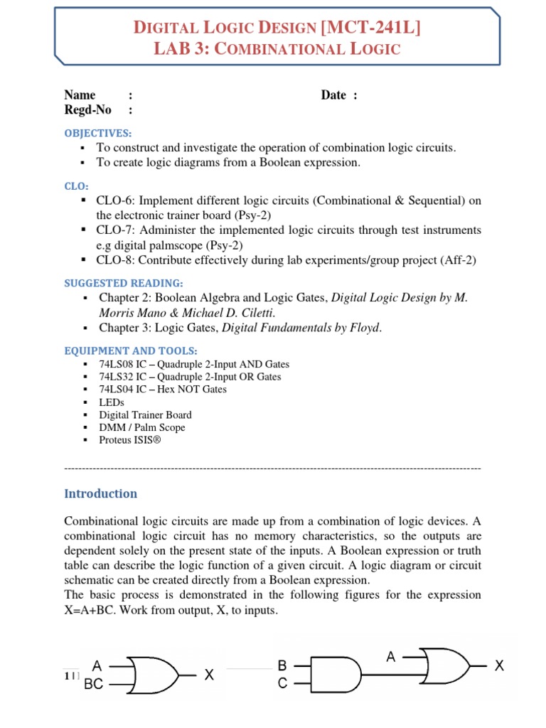 Dld Lab 03 Combinational Logic Pdf Logic Gate Teaching Mathematics
