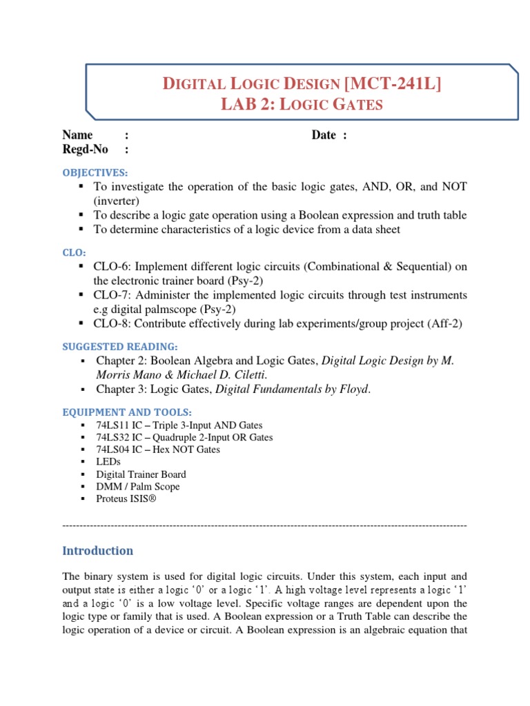 Dld Lab 02 Logic Gates Pdf Logic Gate Electronic Circuits