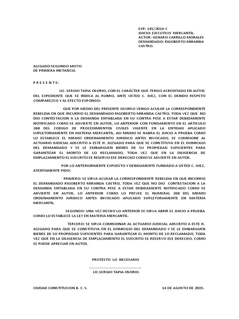 Rebelión y Embargo en Juicio Mercantil | PDF | Demanda judicial ...