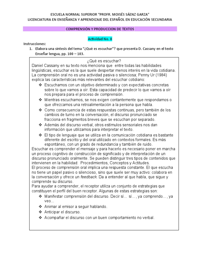 Act. 8 - Qué Es Escuchar | PDF | Hablar en público | Comunicación