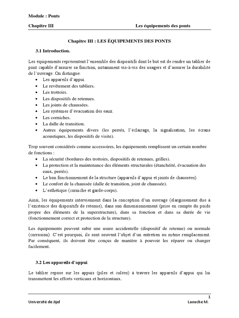 Chapitre 03 Les Equipements Des Ponts | PDF | Pont | Génie du bâtiment