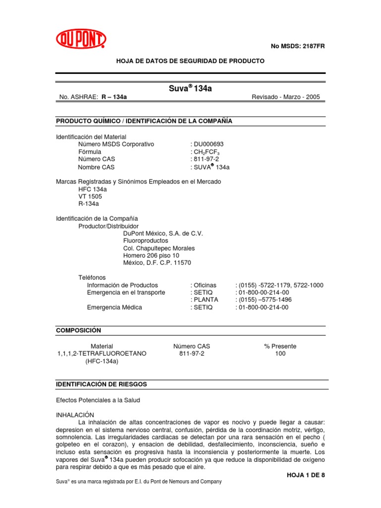 Suva134a Msds | PDF | Oxígeno | Química