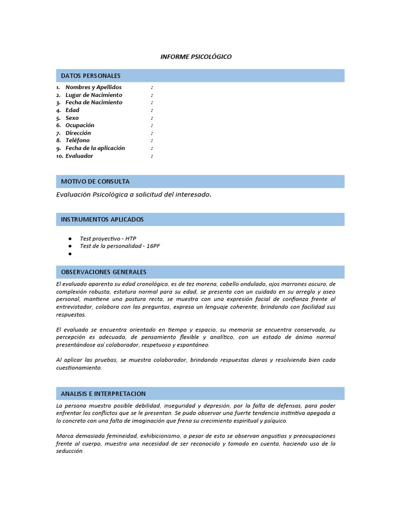 Modelo Formato de Informe Psicologico | PDF | Sicología | Conceptos psicologicos