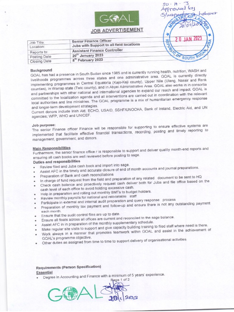 GOAL Job Advert-Senior Finance Officer-Juba | PDF