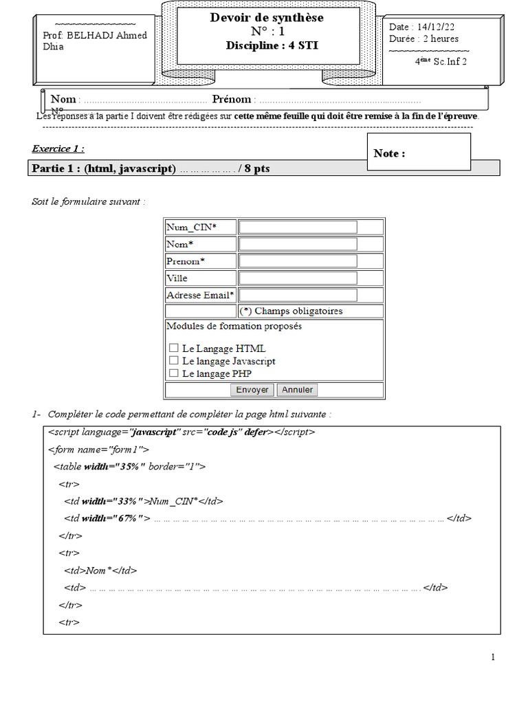 Devoir HTML/CSS et JavaScript 4 STI | PDF | Html | Informatique