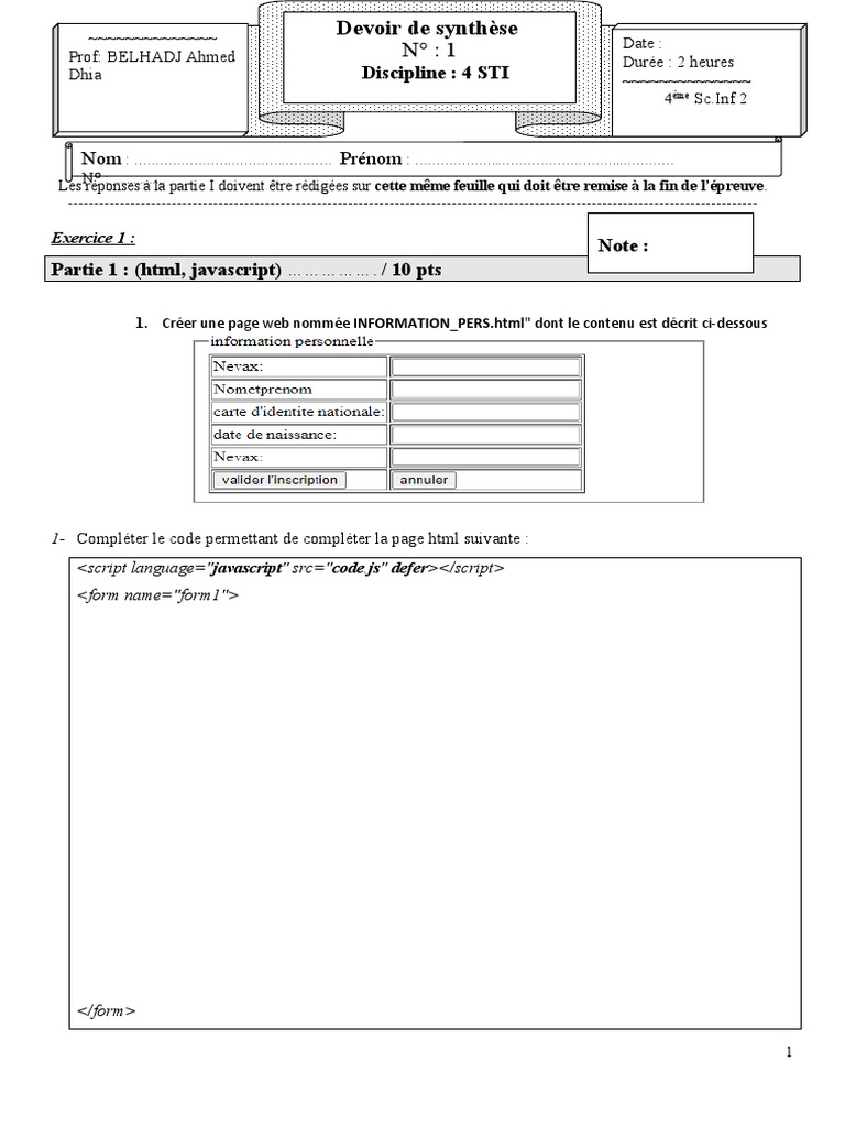 Devoir de contrôle STI 3ème : HTML/CSS | PDF | Html | Informatique