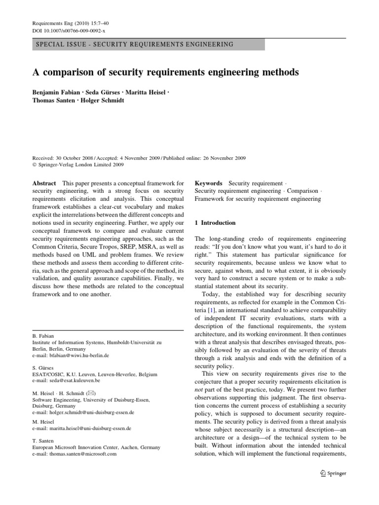 A Comparison of Security Requirements Engineering Methods | PDF | Information Security | System