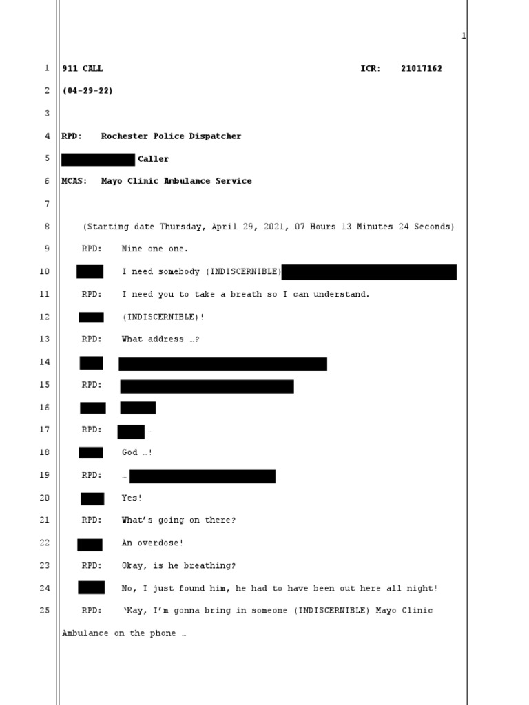Redacted 911 Call Transcript Reporting The Overdose of Tyler Kavitz | PDF | Emergency Management ...