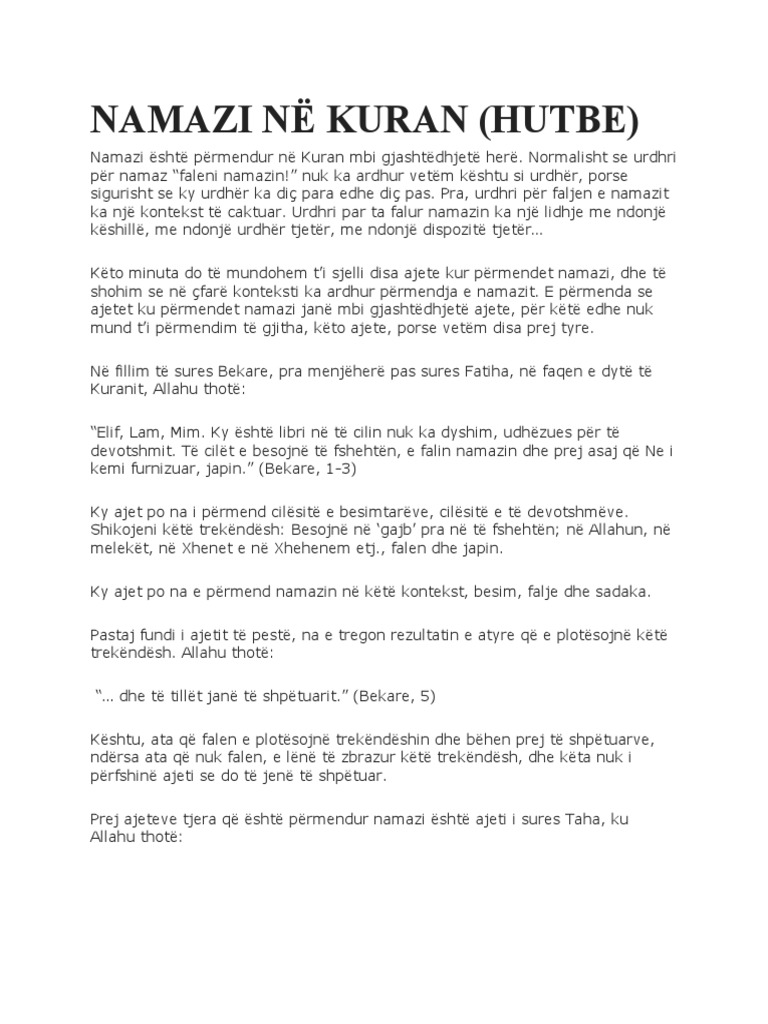 Namazi Në Kuran (Hutbe) | PDF