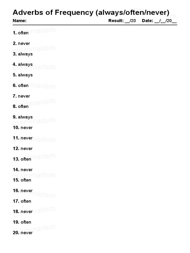 Grammarism Adverbs of Frequency Test 4 Answers 2268857 | PDF