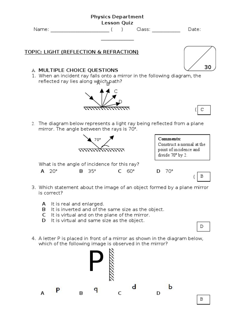Reflection and Refraction Ans | PDF | Refraction | Reflection (Physics)