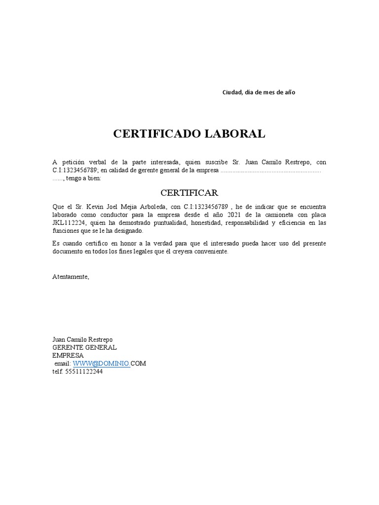 CERTIFICADO LABORAL Modelo | PDF