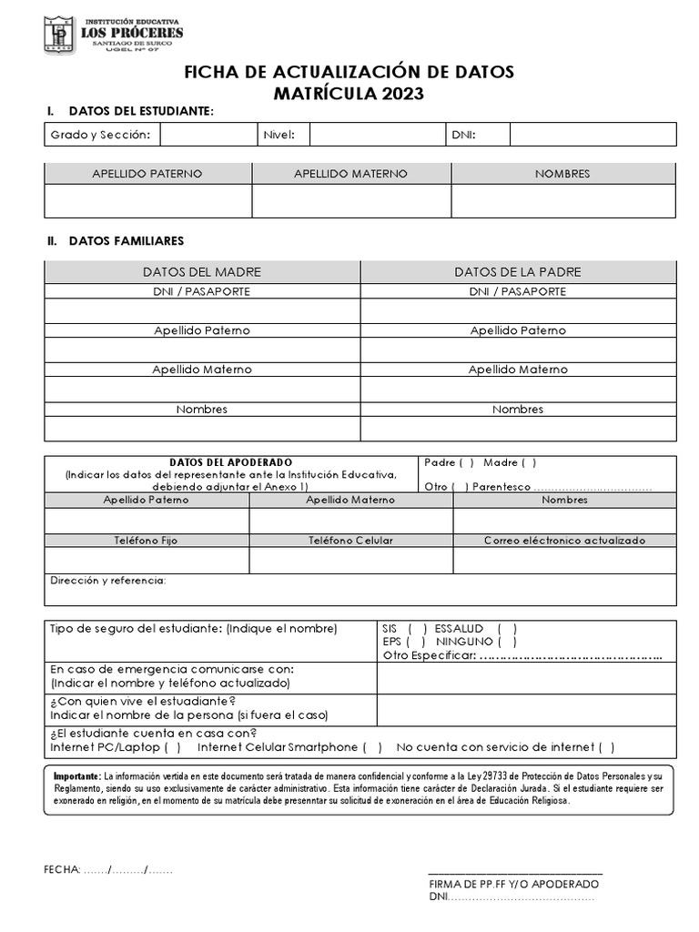 Ficha de Actualizacion de Datos Matricula 2023 | PDF