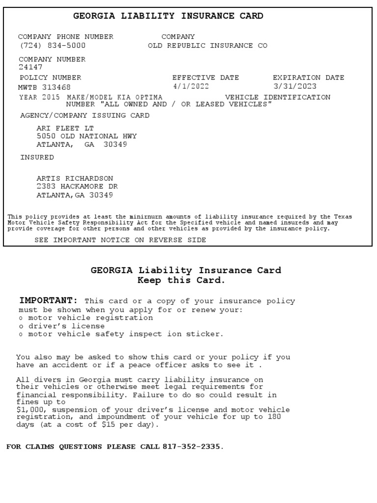 Georgia Liability Insurance Card Details | PDF