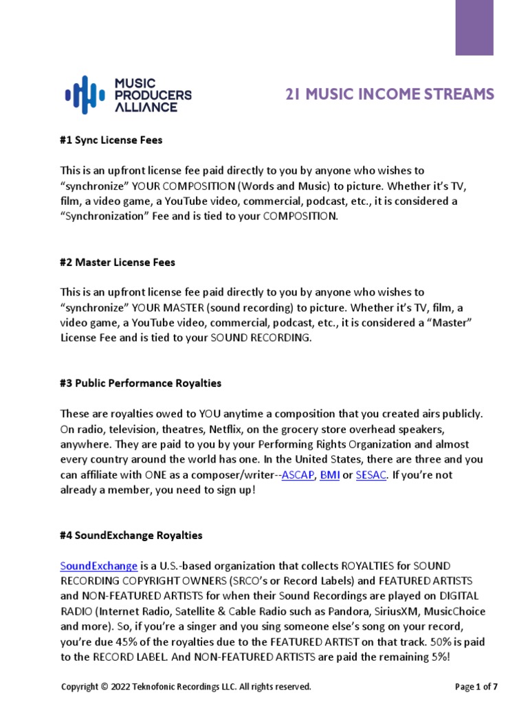 21 Income Streams For Music Producers | PDF | Royalty Payment | You Tube