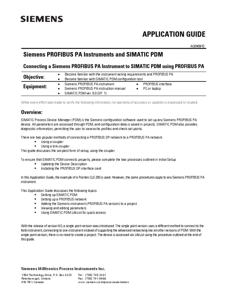 Application Guide: Siemens PROFIBUS PA Instruments and SIMATIC PDM | PDF | Computing | Software
